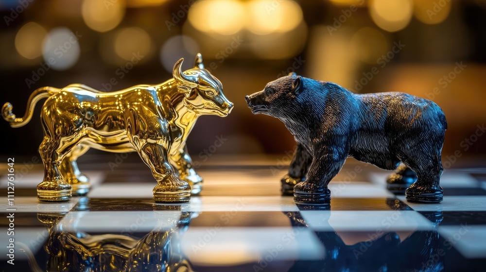 Chess pieces of a golden bull and a black bear stand poised for battle ...