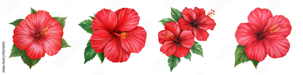 Tropical flower, Watercolor, Clipart. Vibrant red hibiscus flowers on a ...