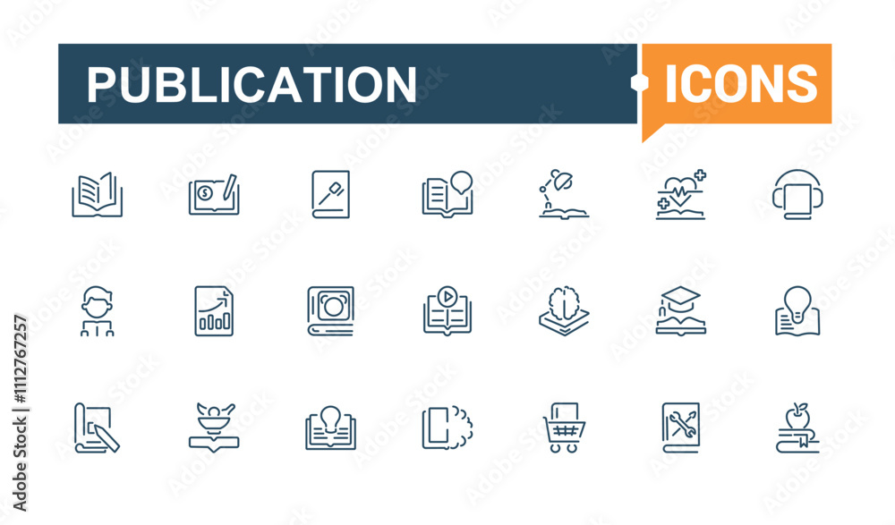 Publication icon collection. Featuring textbook, stroke, publishing ...