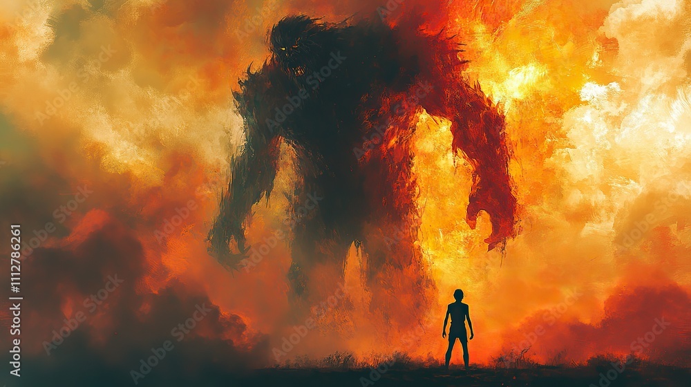 david and goliath digital painting of a silhouette of a giant and a man ...