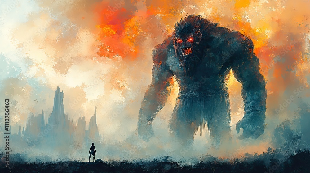 david and goliath digital watercolor painting of an ancient warrior ...