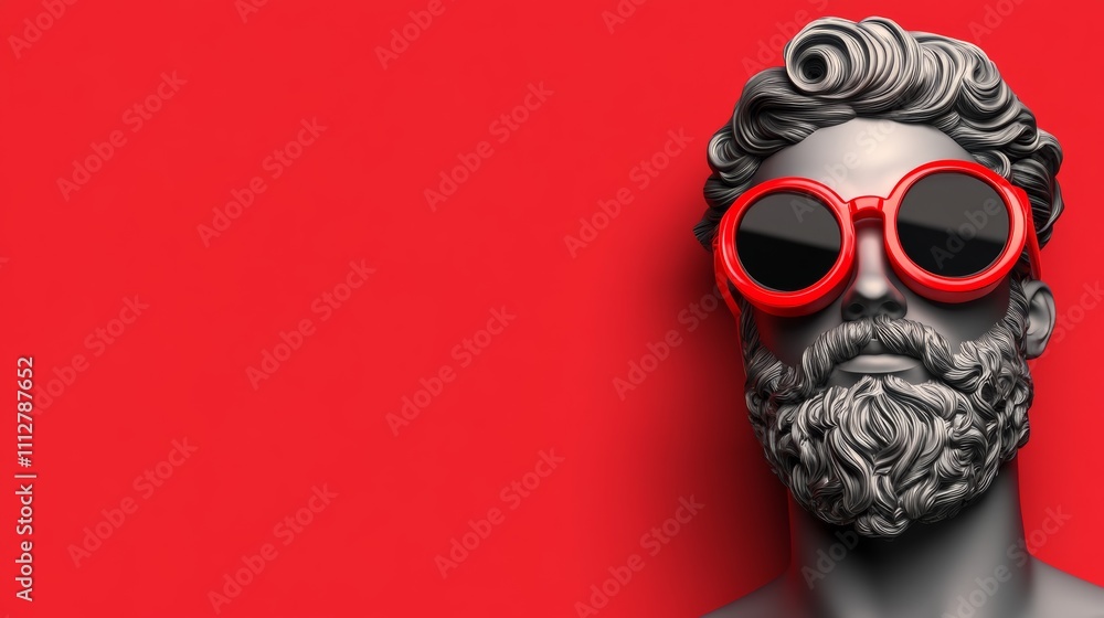White sculpture of Zeus wearing red sunglasses on an isolated dark ...