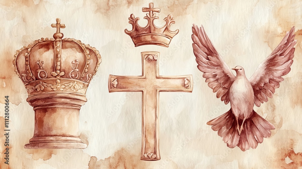 holy trinity symbols cross crown and dove of holy spirit watercolor ...