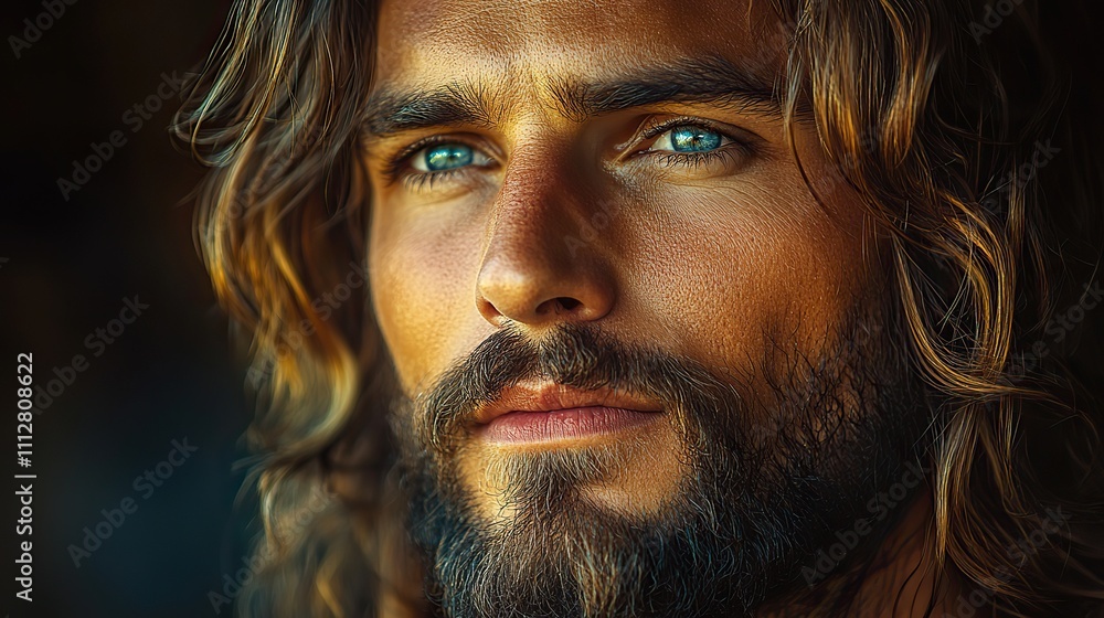 jesus christ portrait of a handsome man with long hair and beard on a ...