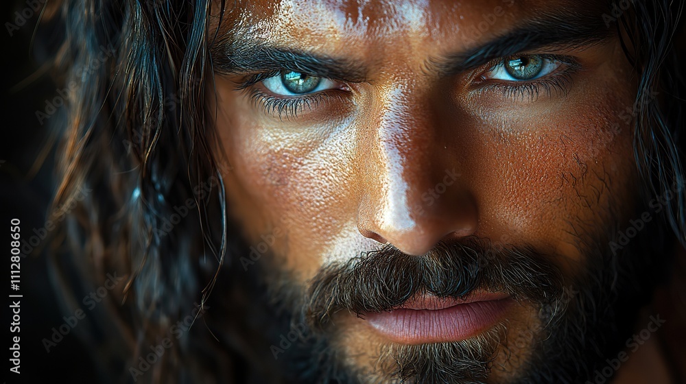 jesus christ portrait of a handsome man with long hair and beard on a ...