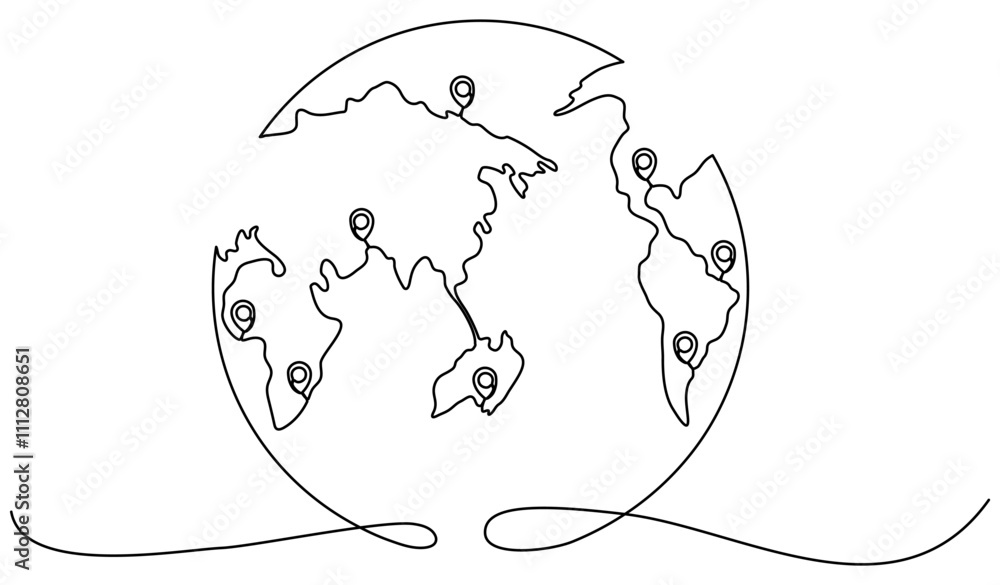 Earth globe with location markers continuous line drawing. Pointer ...