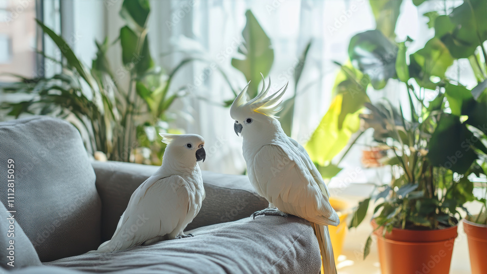 Parrots Relaxing on a Cozy Couch Surrounded by Vibrant Indoor Plants ...