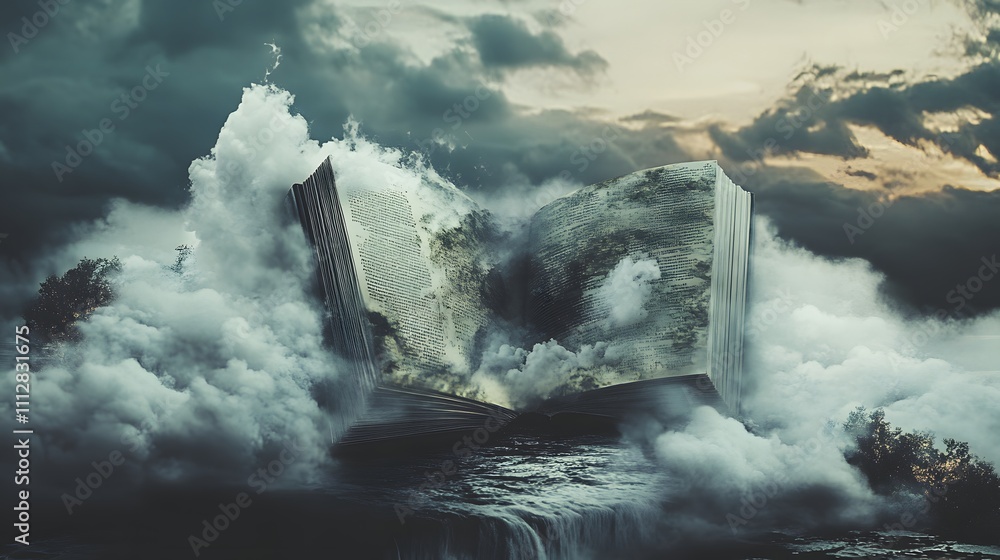 Open book floating on clouds, fantasy landscape. Stock Photo | Adobe Stock