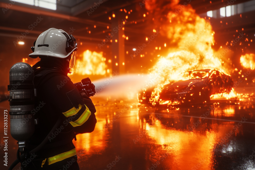 Unrecognizable male firefighter with his back to the camera, equipped ...