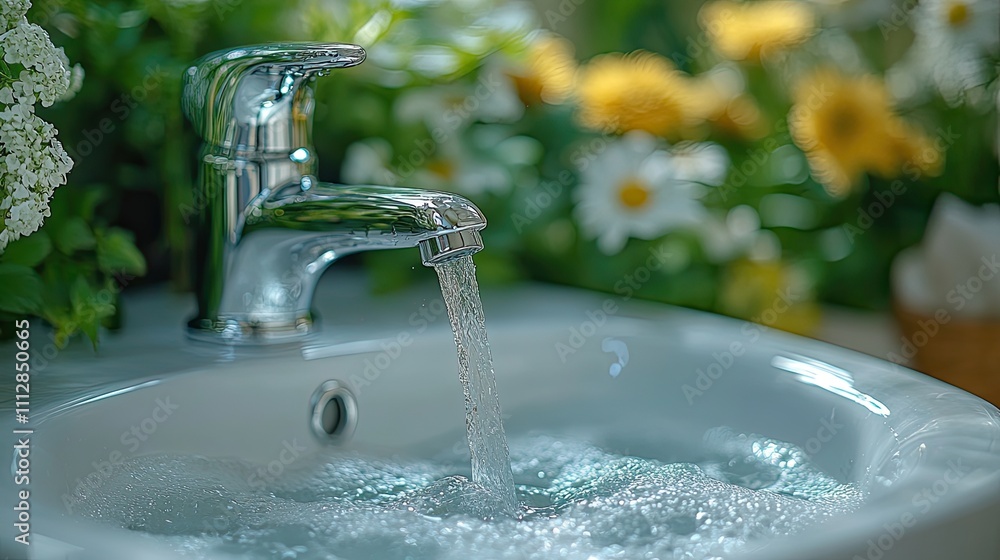 water faucet water tap water flow in the sink equipped bathroom modern ...