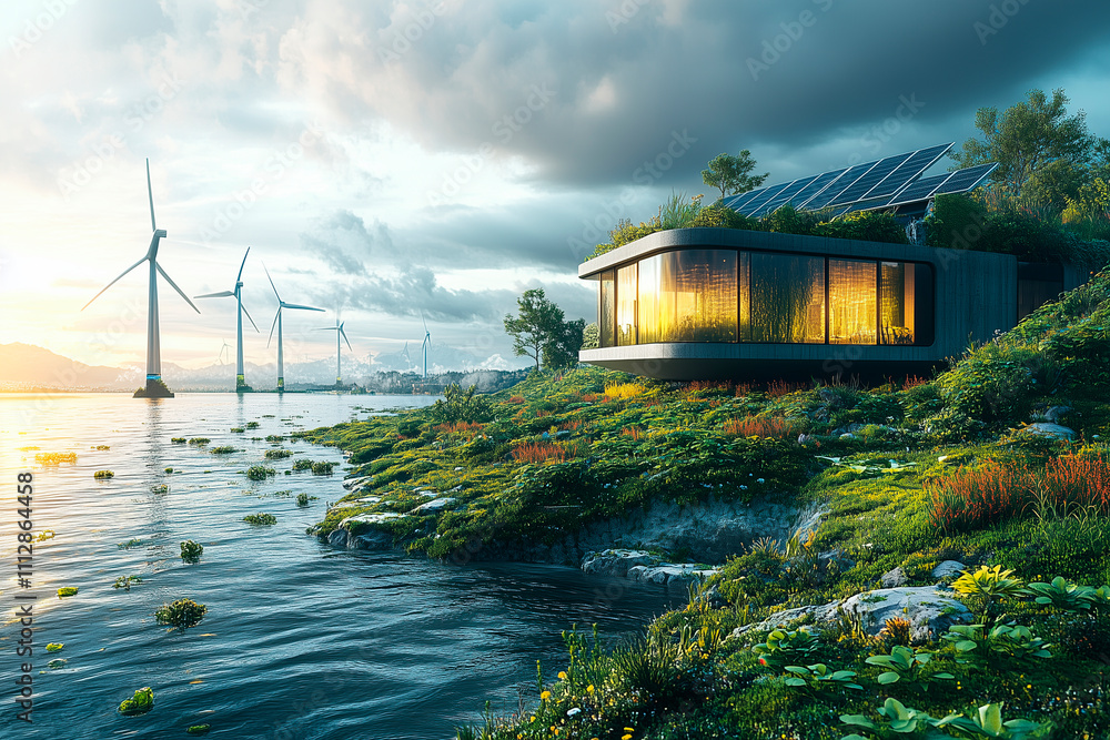 An inspiring collage of green energy solutions: wind farms on the ocean ...