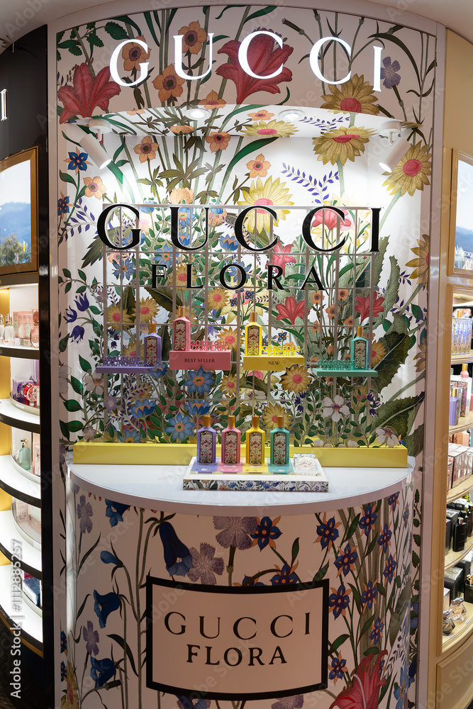 SINGAPORE - AUGUST 24, 2024: Gucci Flora fragrance collection on display at the duty-free area ...