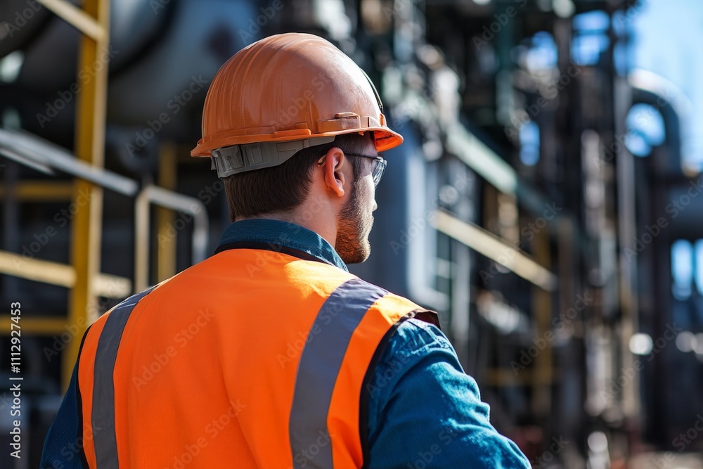 A dedicated worker wearing safety gear and an orange vest, observing ...
