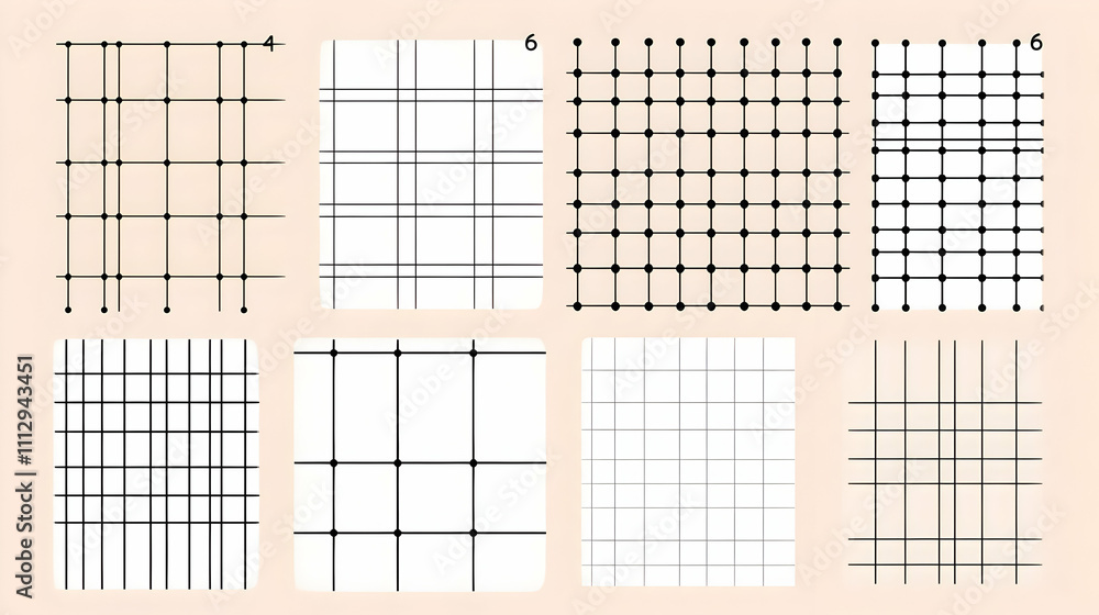 Collection of eight minimalist grid patterns; various line weights and ...