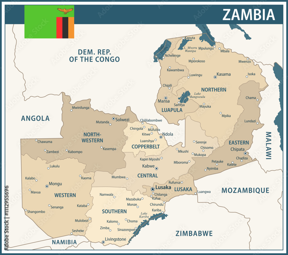 Zambia Map Vector Vintage Dark Blue Beige - Customizable layered ...