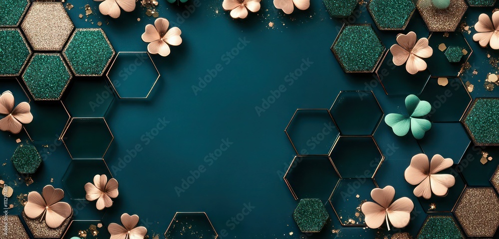 Rich teal background with hexagon shapes in emerald green and rose gold ...