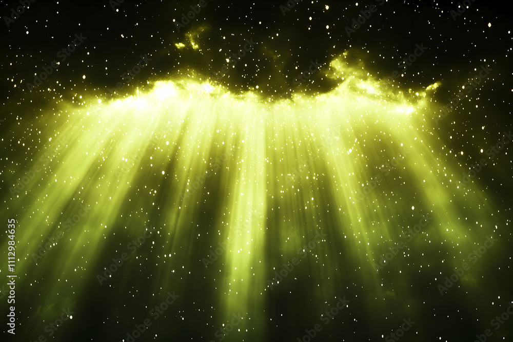 Celestial beams of light illuminate a dark, star-dusted sky; ethereal ...