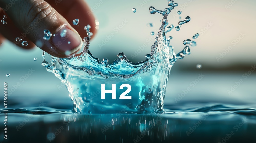 Dynamic splash forming the H2 symbol with a finger touch, highlighting ...