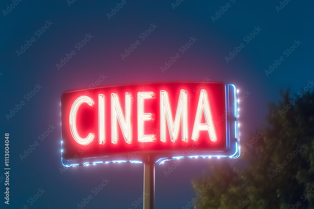 A vintage cinema sign illuminated with glowing marquee lights ...
