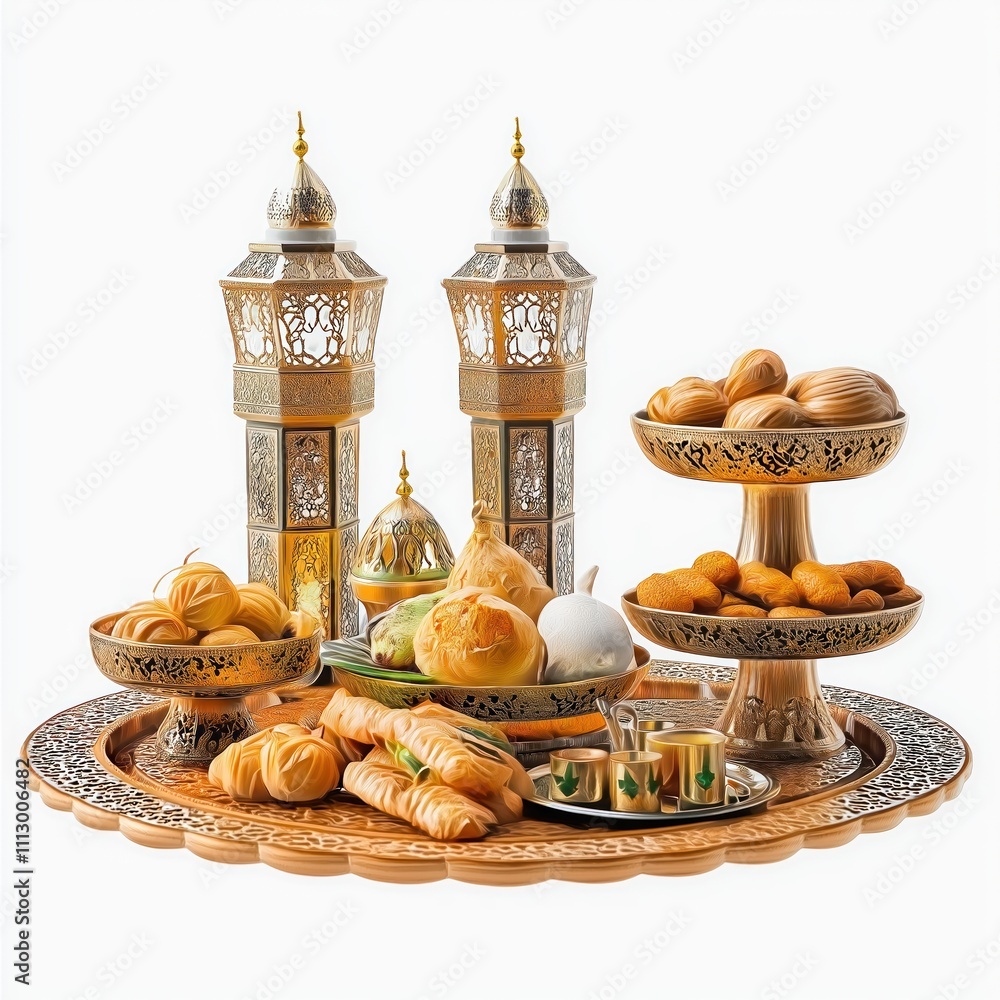 Eid al-Adha feast. Ornate golden trays filled with various pastries ...
