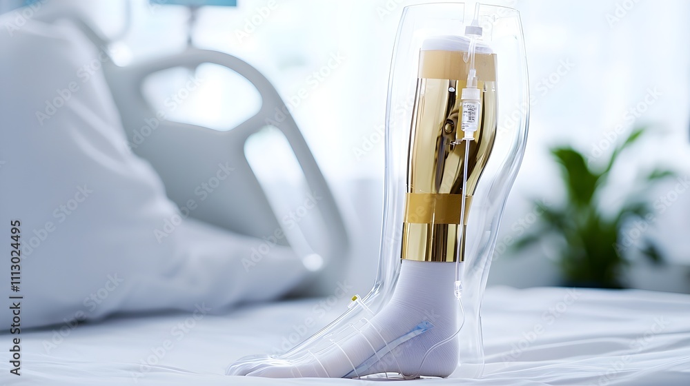 Perspective view of plastered leg propped up in a hospital bed, IV drip ...