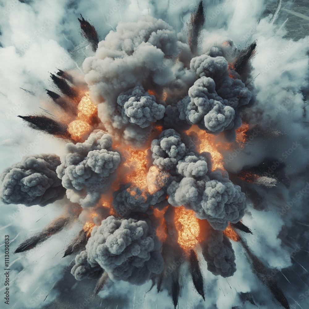 Massive explosion fills view. Huge plumes smoke and fire erupt ...