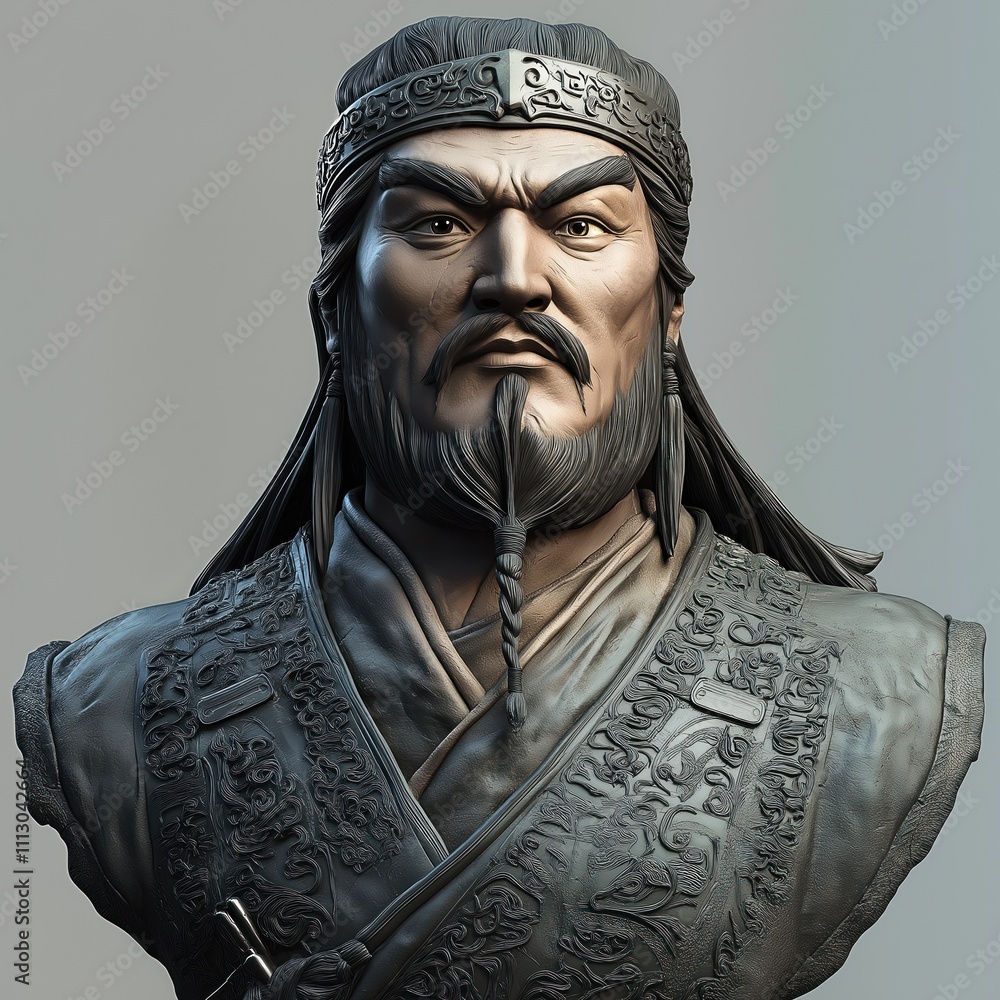 Realistic bust sculpture of Genghis Khan. Historical figure with stern ...