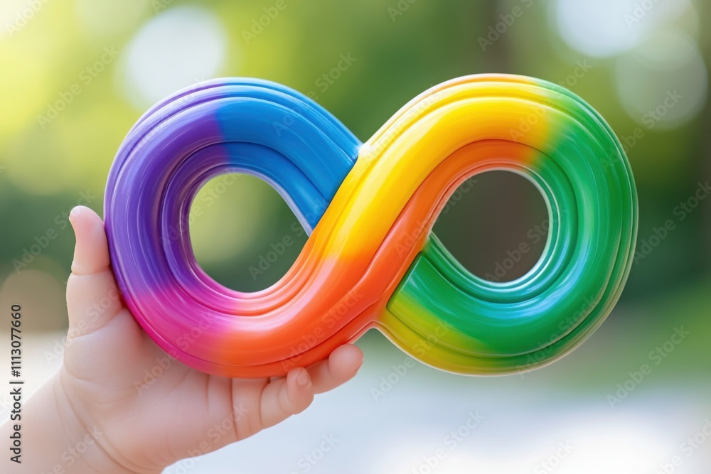 Child joyfully holds rainbow infinity symbol promoting neurodiversity ...