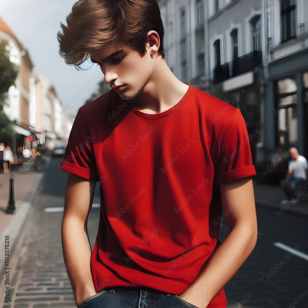 Young Model Shirt Mockup, Boy wearing red t-shirt on street in daylight ...