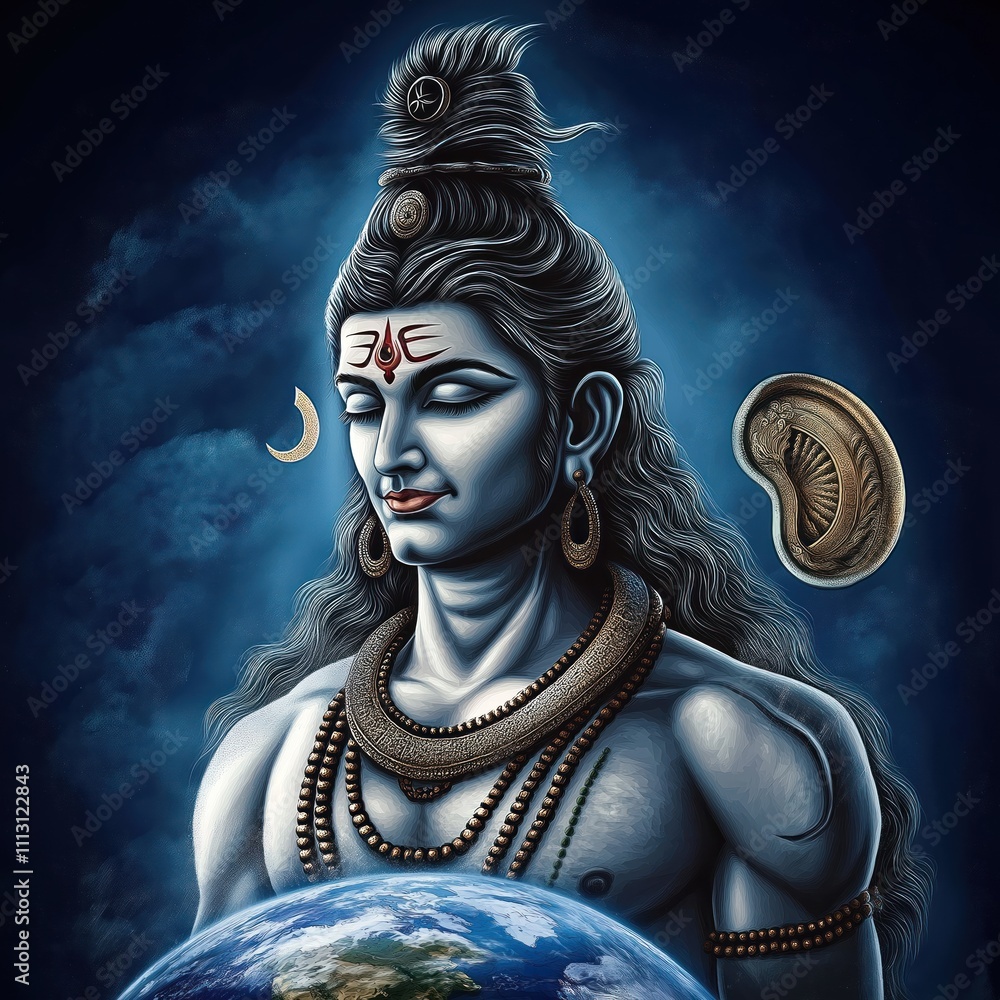 Lord Shiva portrait against earth background. Peaceful god holds earth ...