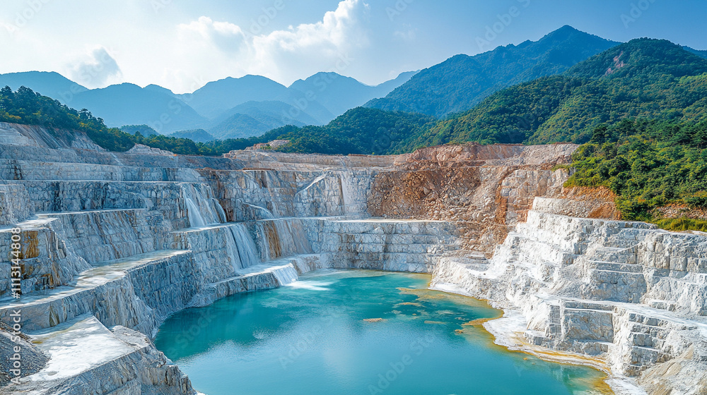 open-pit mine with water pools, revealing vibrant mineral layers and ...