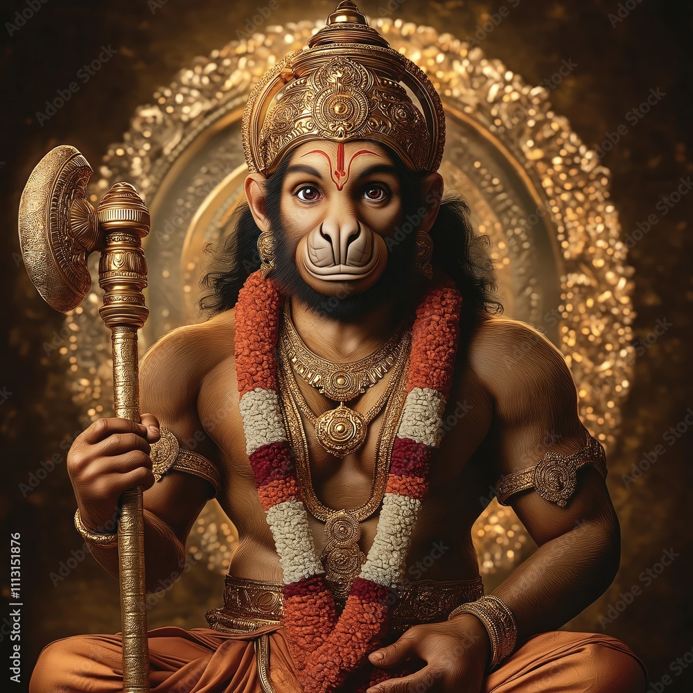 Powerful Lord Hanuman portrait. Hindu deity illustration with mace ...