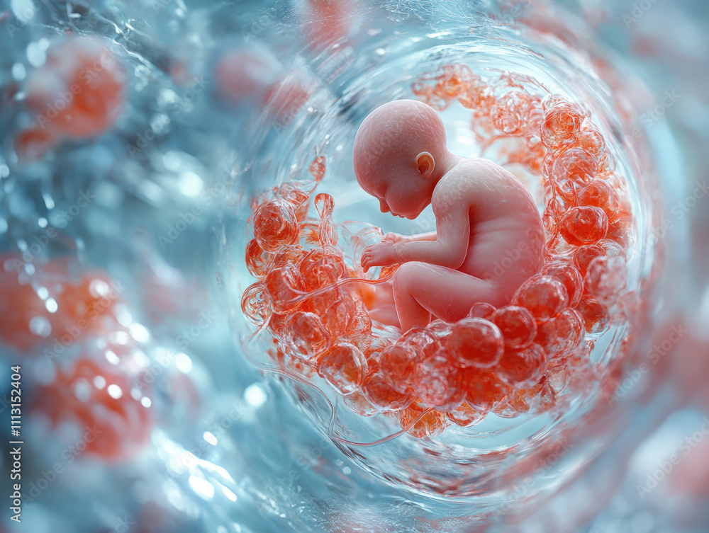 Human embryo in uterus. Unborn baby, pregnancy. Fetus in the womb prior ...