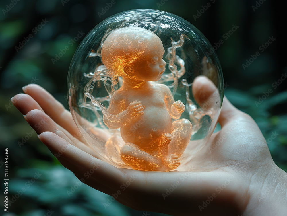 Human embryo in uterus. Unborn baby, pregnancy. Fetus in the womb prior ...