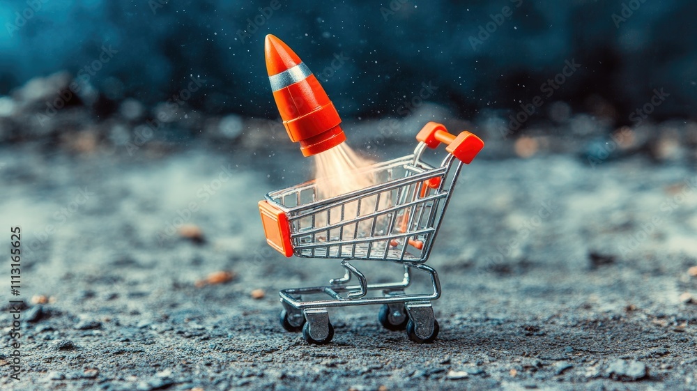 Rocket taking off from shopping cart, symbolizing rapid growth or ...