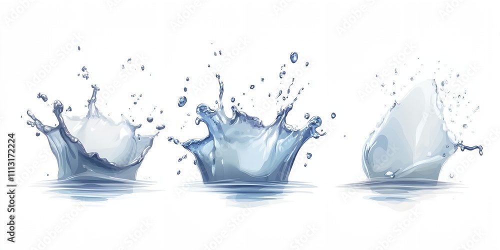 Three water droplets are shown in different sizes and positions, with ...