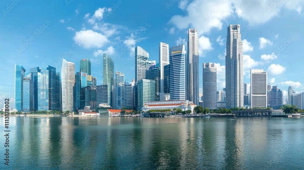 A wide shot of a bustling city skyline with tall skyscrapers ...