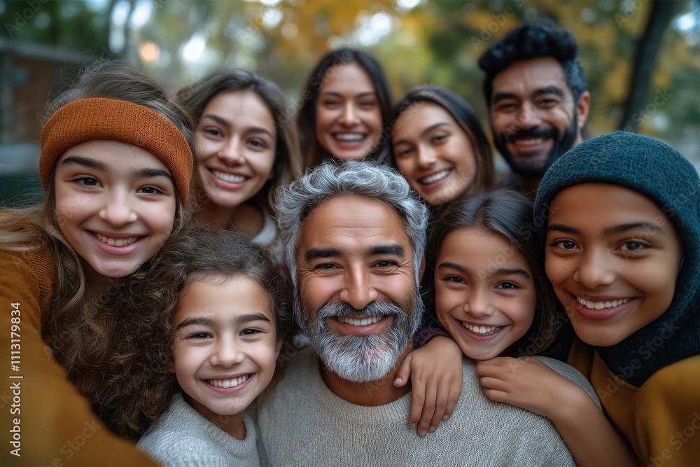 Happy diverse family takes selfie outdoors. Grandparents siblings kids ...