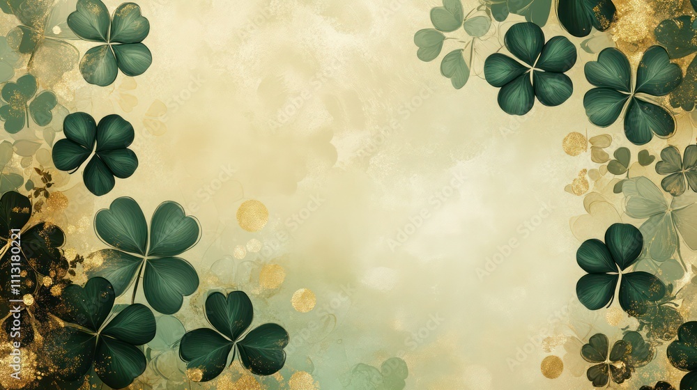 Pale sage background with dark green and gold clover patterns, accented ...
