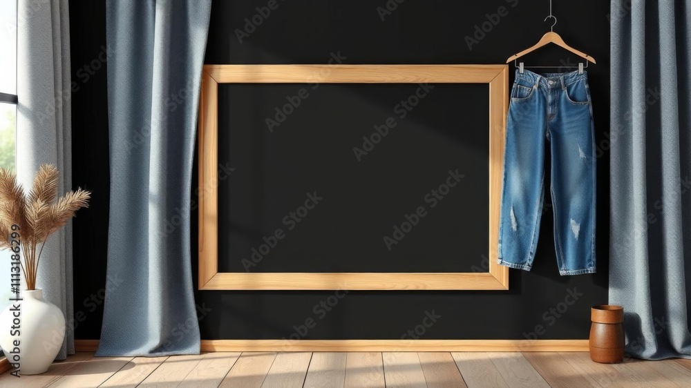 Blue jeans frame hanging on black wall, 3d render with vignette effect ...