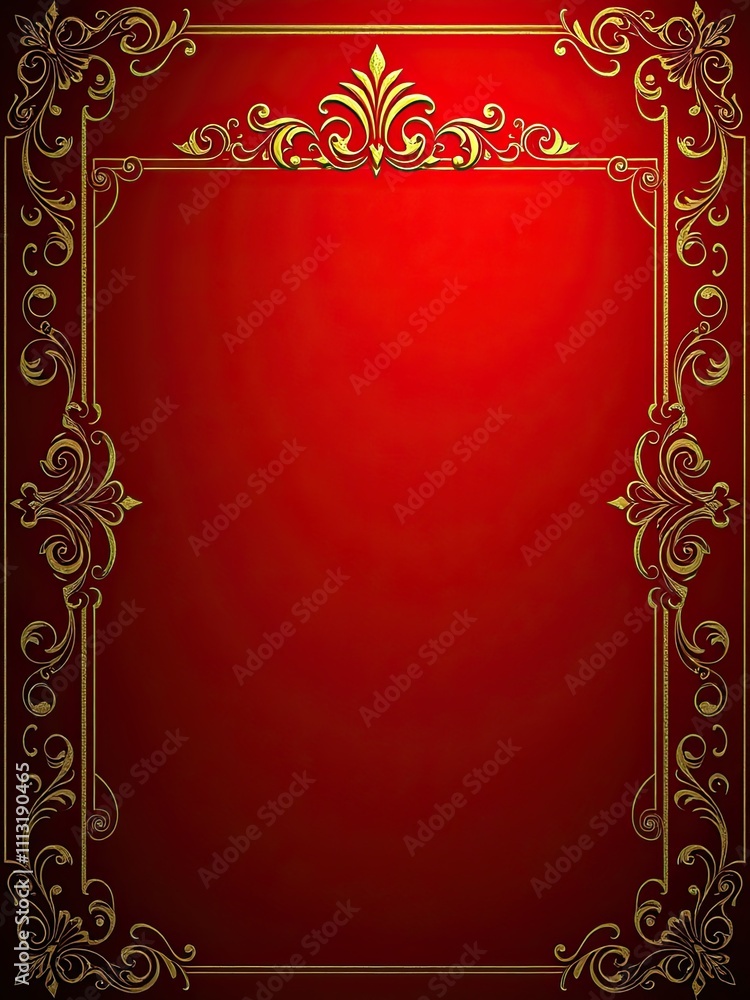 Deep crimson red background with gold foil stamping and ornate borders ...