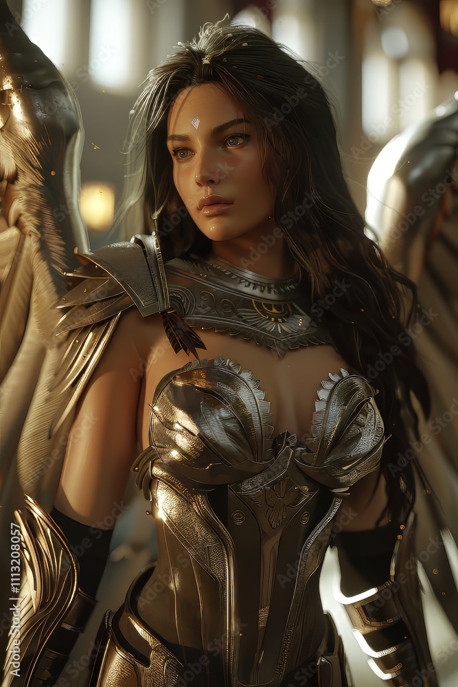 Angelic Warrior: A powerful female warrior with flowing dark hair, adorned in golden armor and ...