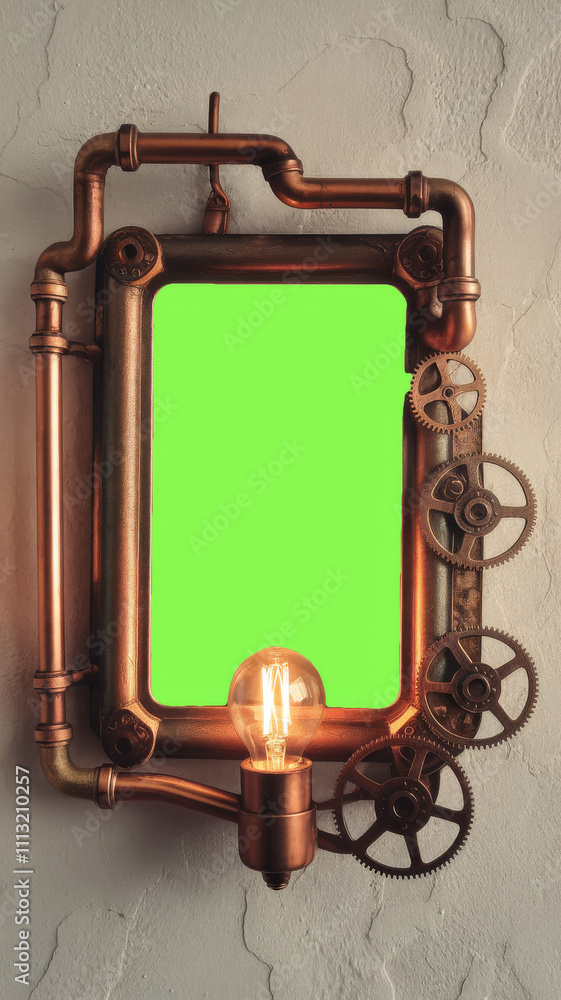 Copper frame retro industrial steampunk style border with green screen ...