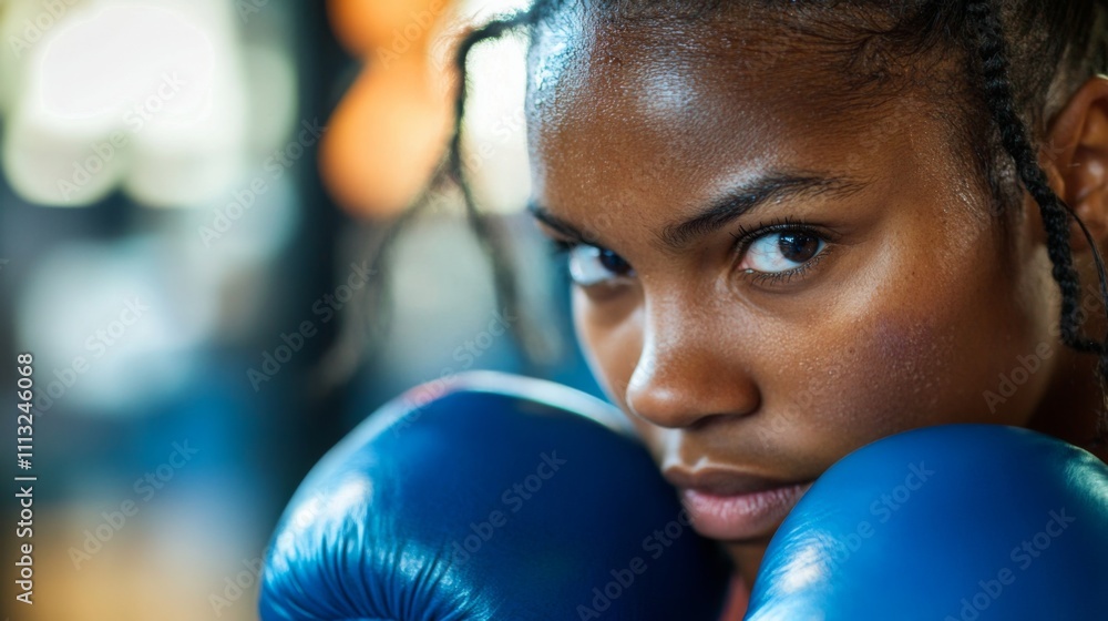 A young female boxer leans forward with her blue gloves held closely to ...