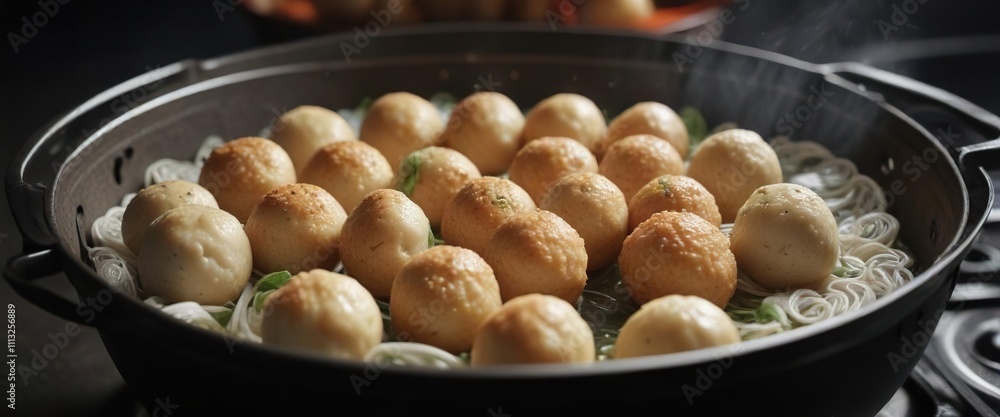 Fish balls and squid balls in a steamer basket, cooking method, steamer ...