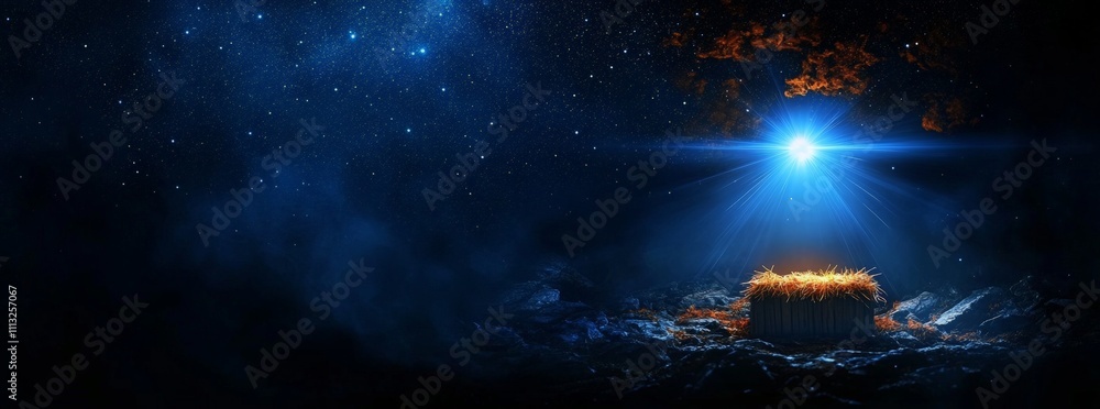 Glowing Star Shining on Wooden Manger in Nativity Scene Dark Night Sky ...