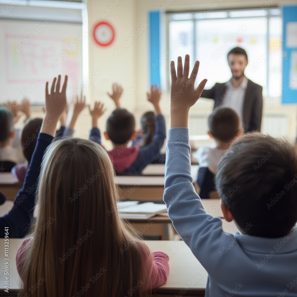 Many school kids raise hands in class. Students ask questions to ...