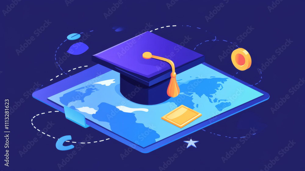 E-learning distance graduate certificate program concept. Low poly 3D ...