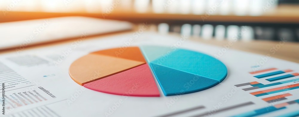 Pie chart overlay on business plan documents, modern office background ...