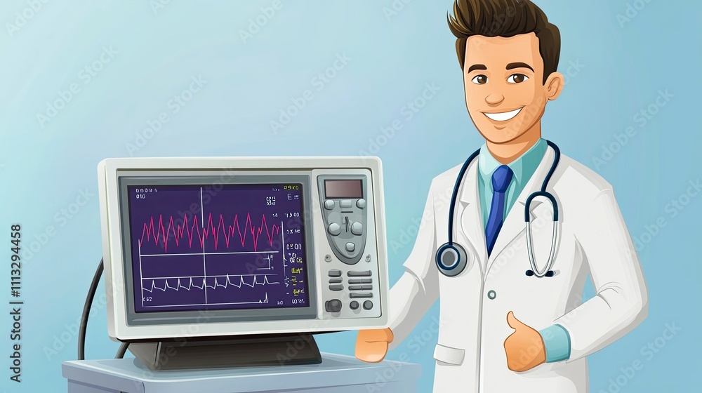 Illustration of a uniformed doctor standing next to a vital signs ...